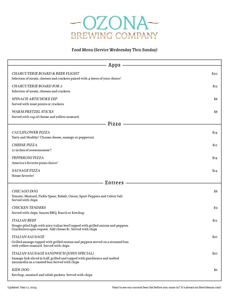 Menu - Ozona Brewing Company