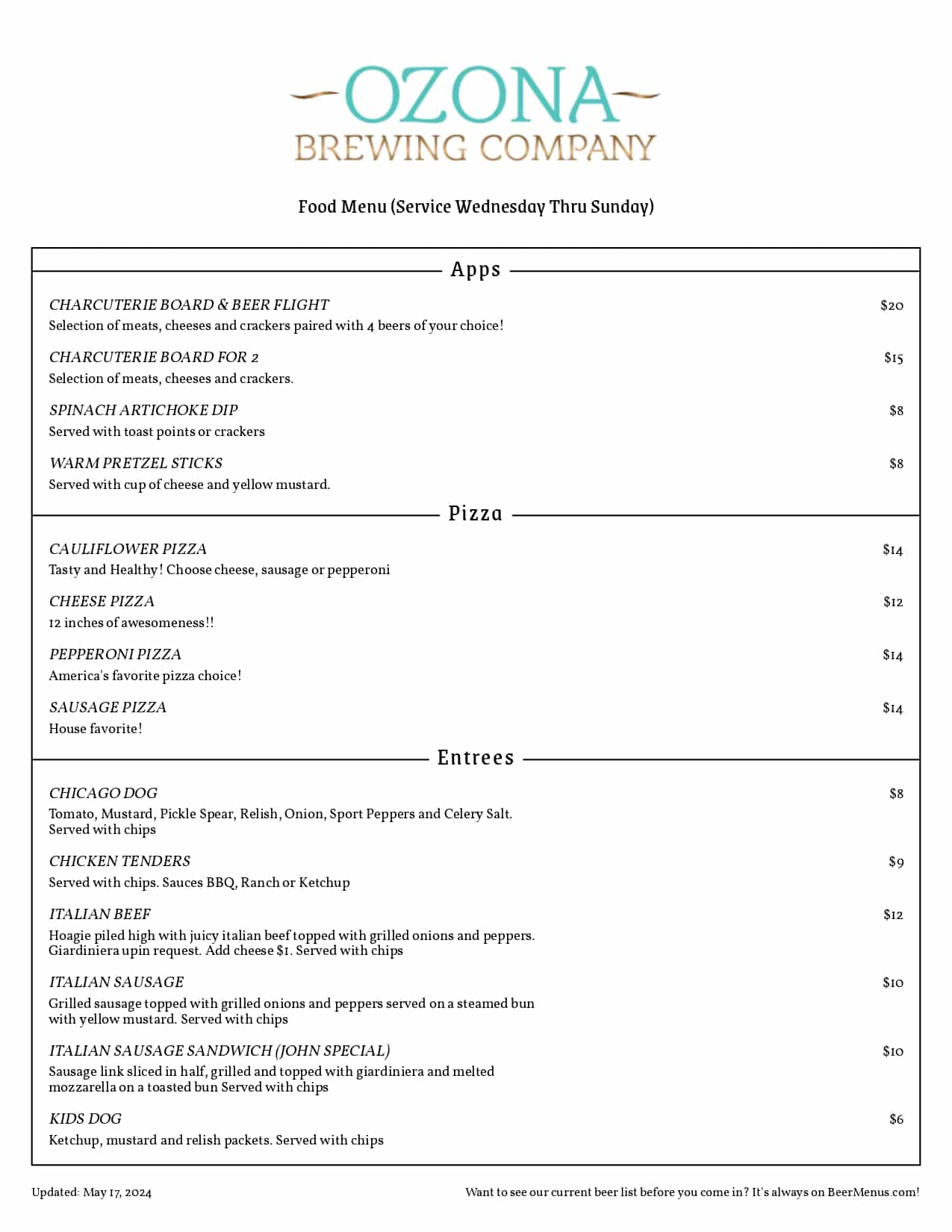 Menu - Ozona Brewing Company